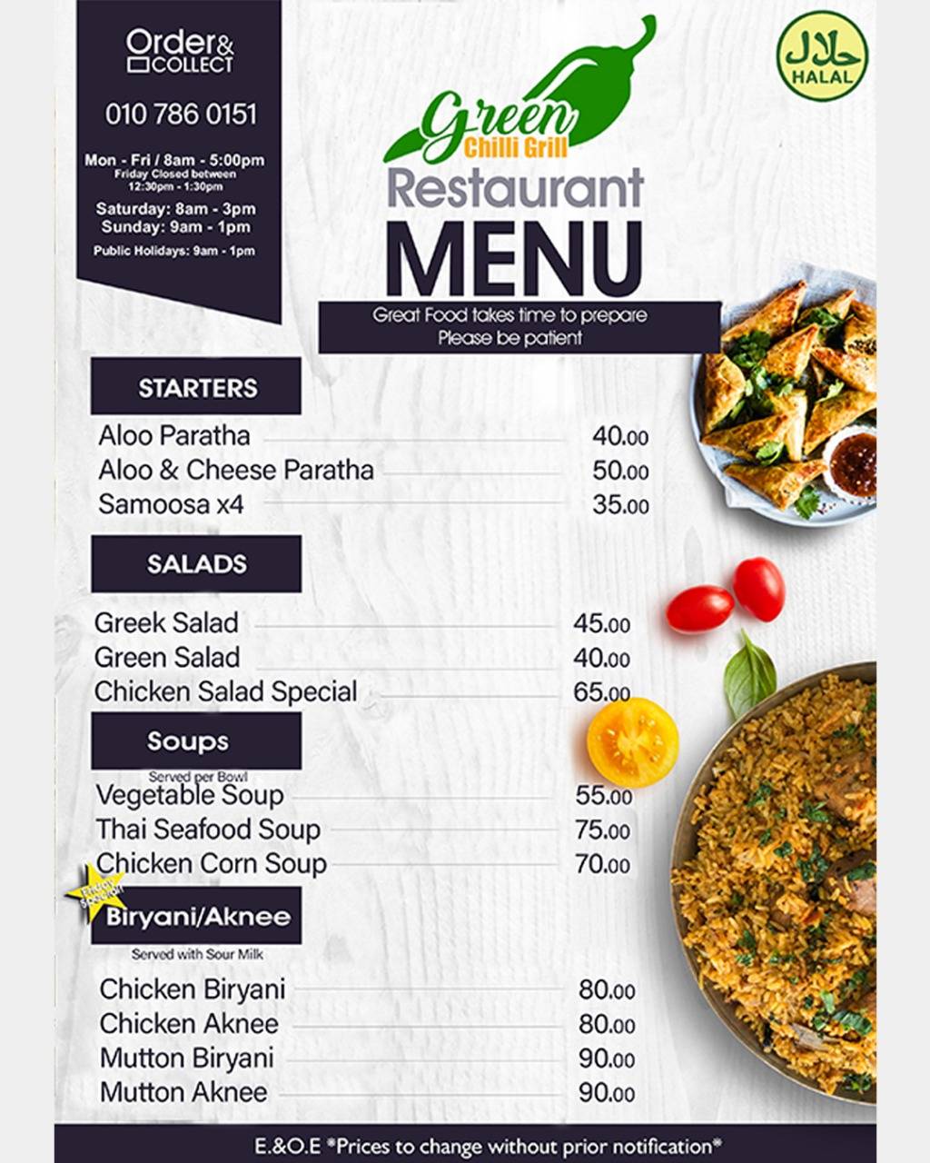 Menu at Green Chilli Grill restaurant, Pretoria