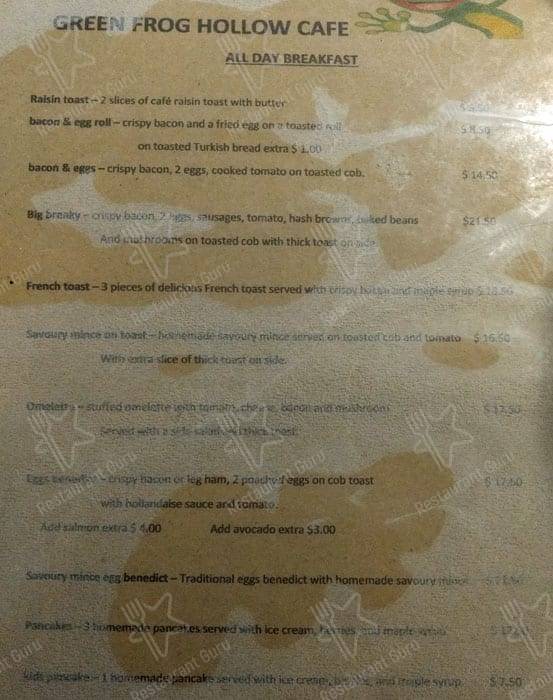 Menu at Froggies Rest cafe, Logan Village