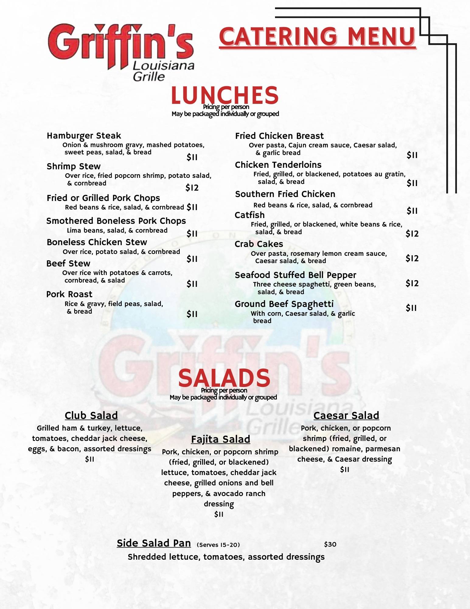 Menu at Griffin's Louisiana Grille restaurant, Thibodaux