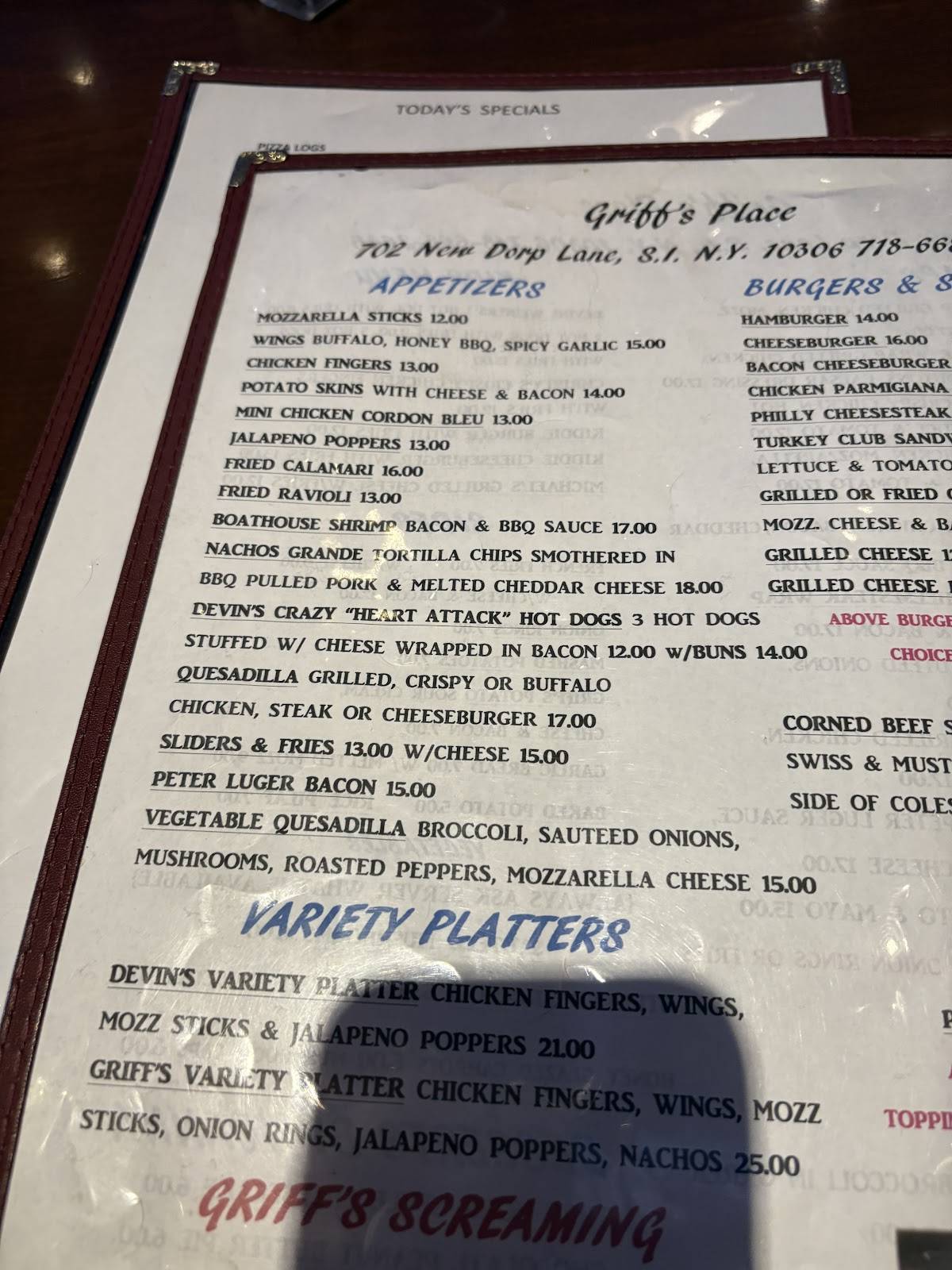 Menu at Griff's Place pub & bar, New York City