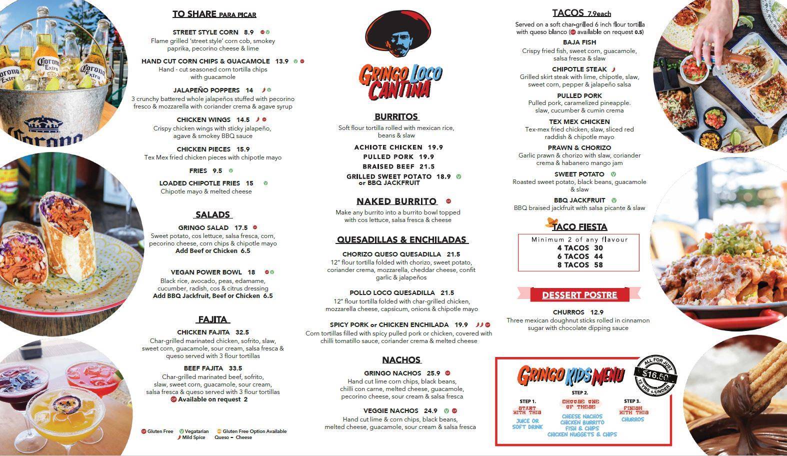 Menu at Gringo Loco Cantina pub & bar, Surfers Paradise, 101/4 Esplanade