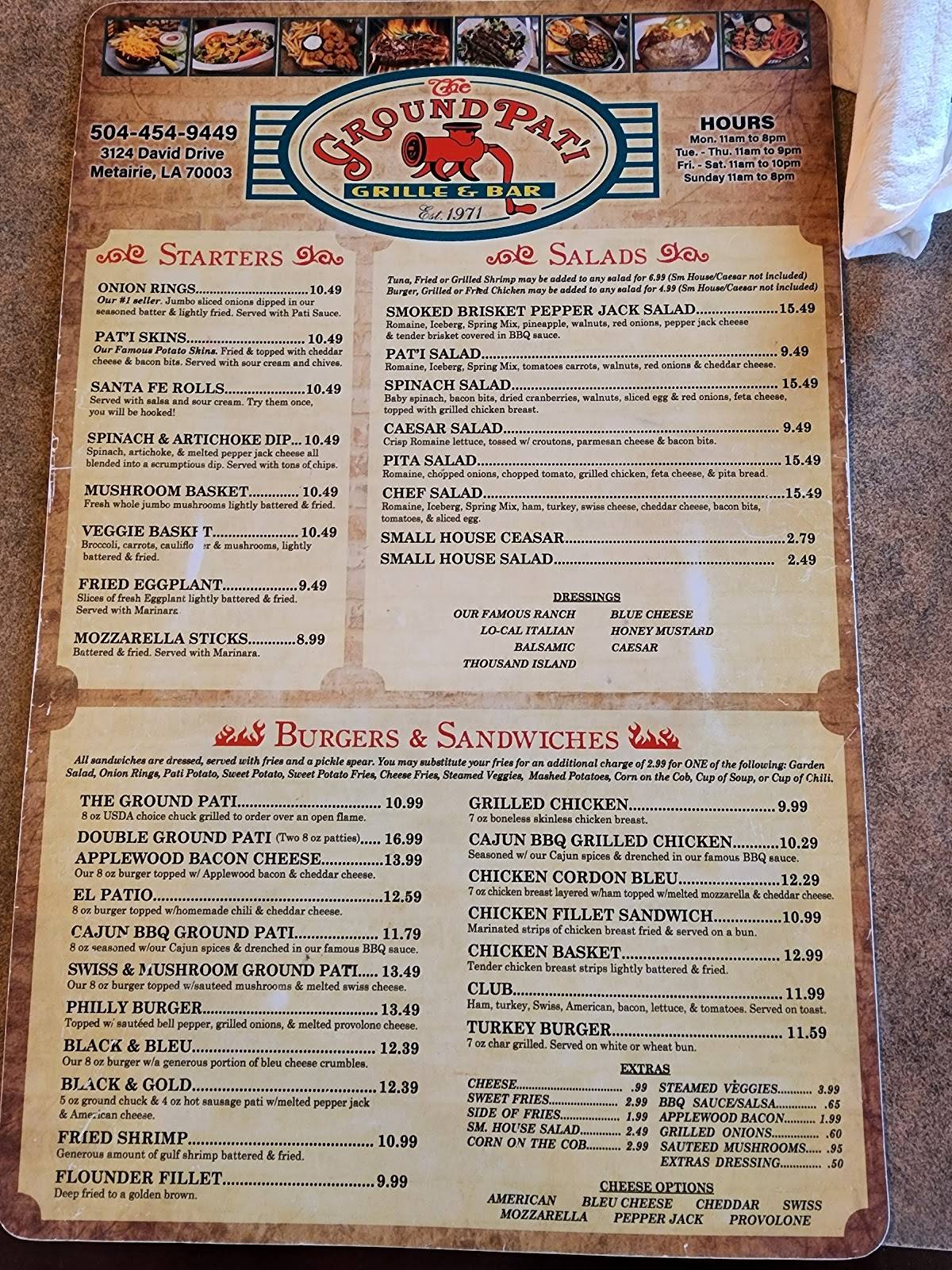 Menu at Ground Pat'i Grille & Bar, Metairie, David Dr
