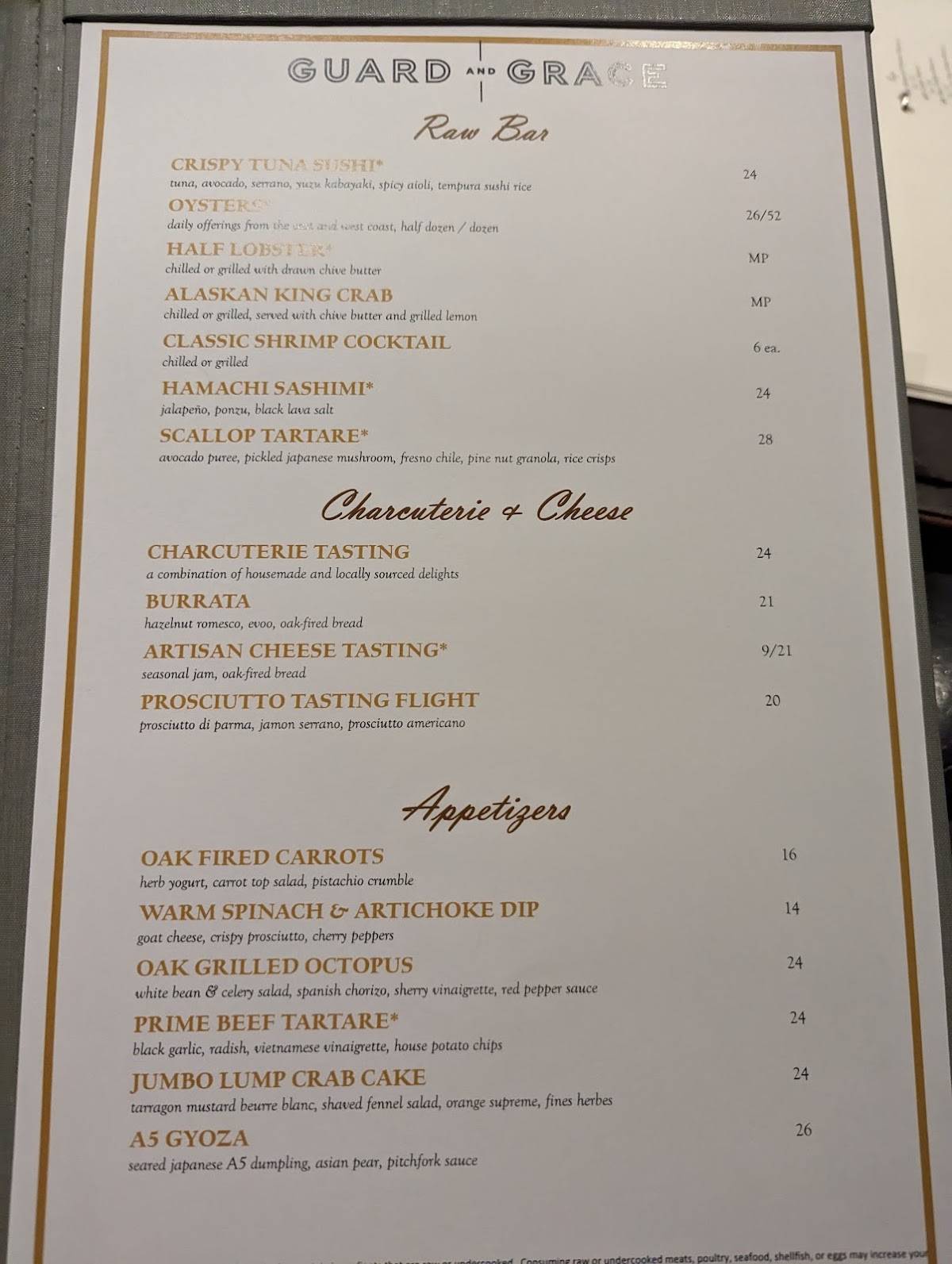 Menu at Guard and Grace steakhouse, Denver
