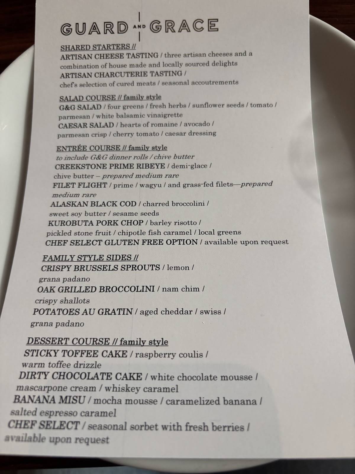 Menu at Guard and Grace steakhouse, Denver, California St