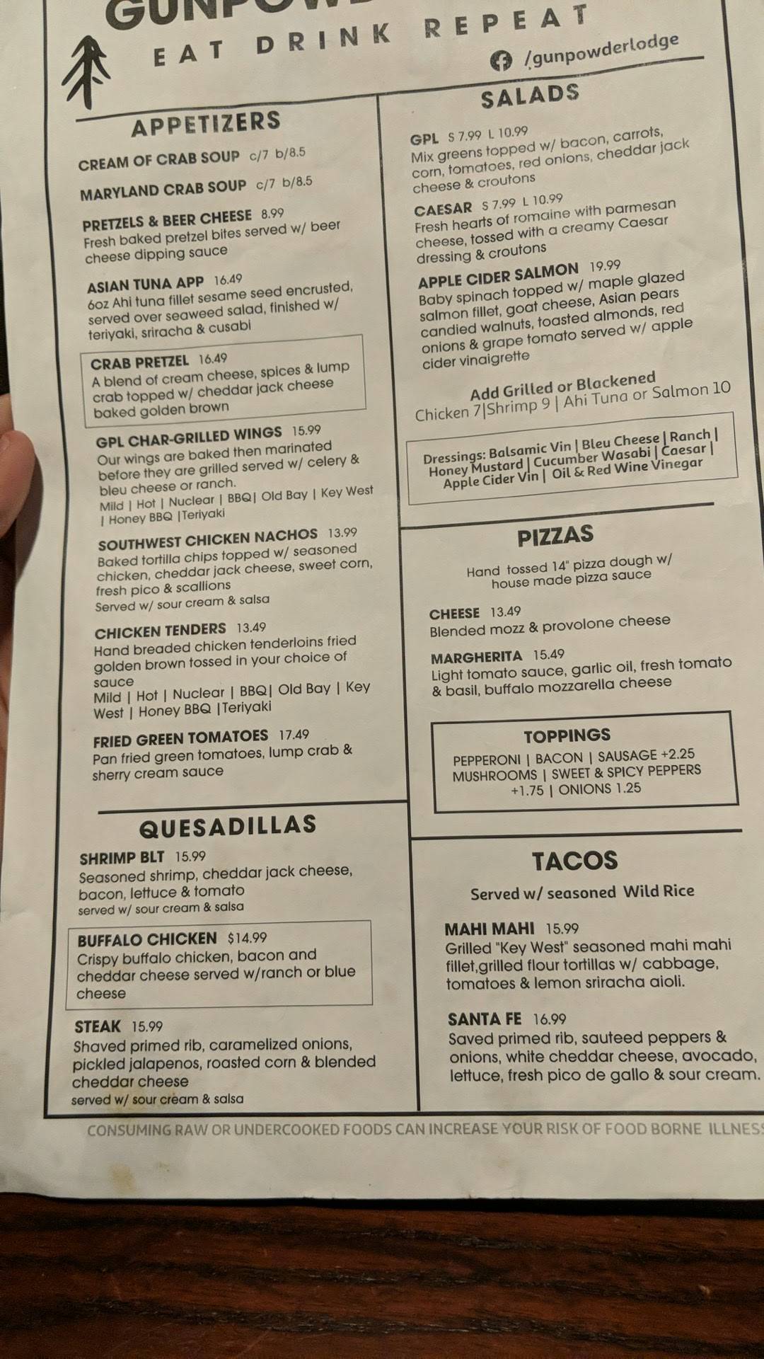 Menu at Gunpowder Lodge pub & bar, Kingsville
