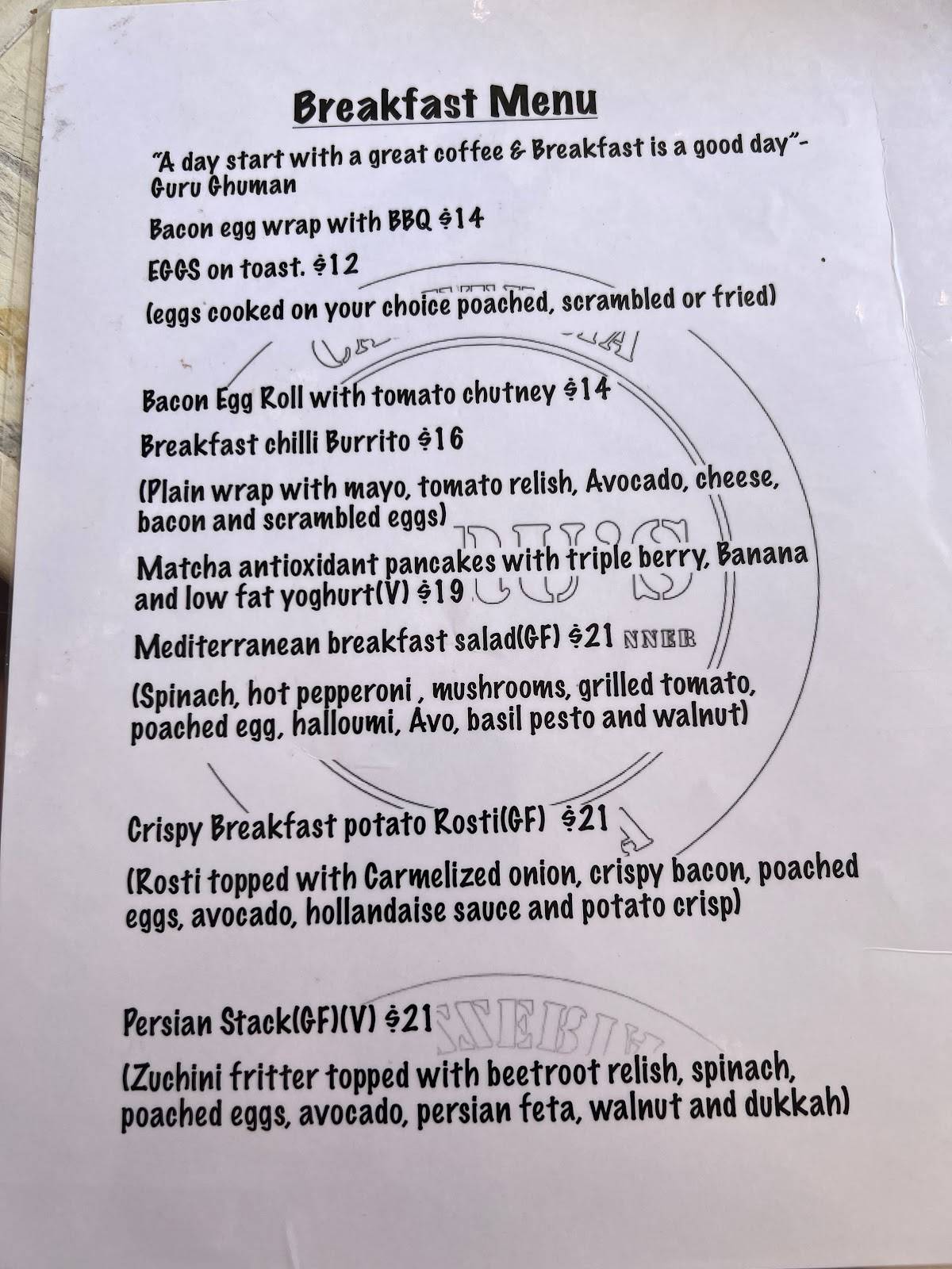 Menu at Guru's Cafeteria, Albury