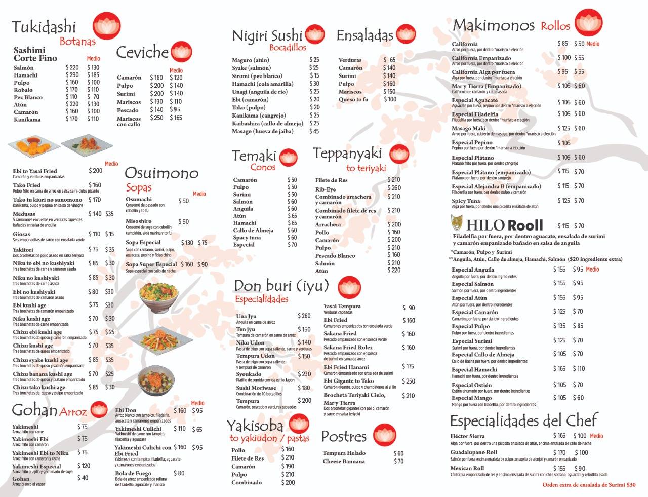 Carta del restaurante HANAMI, La Peñita del Jaltemba