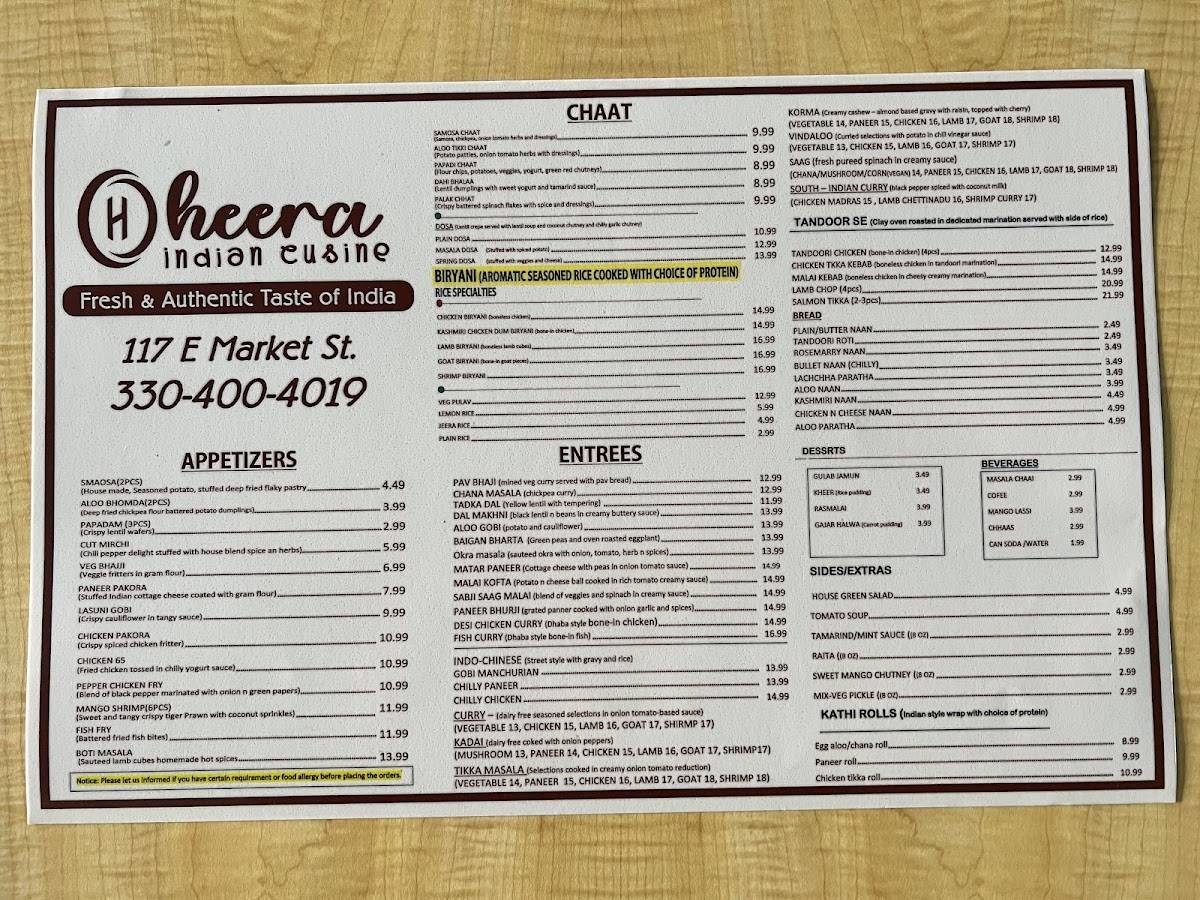 Menu at HEERA INDIAN CUISINE restaurant, Akron