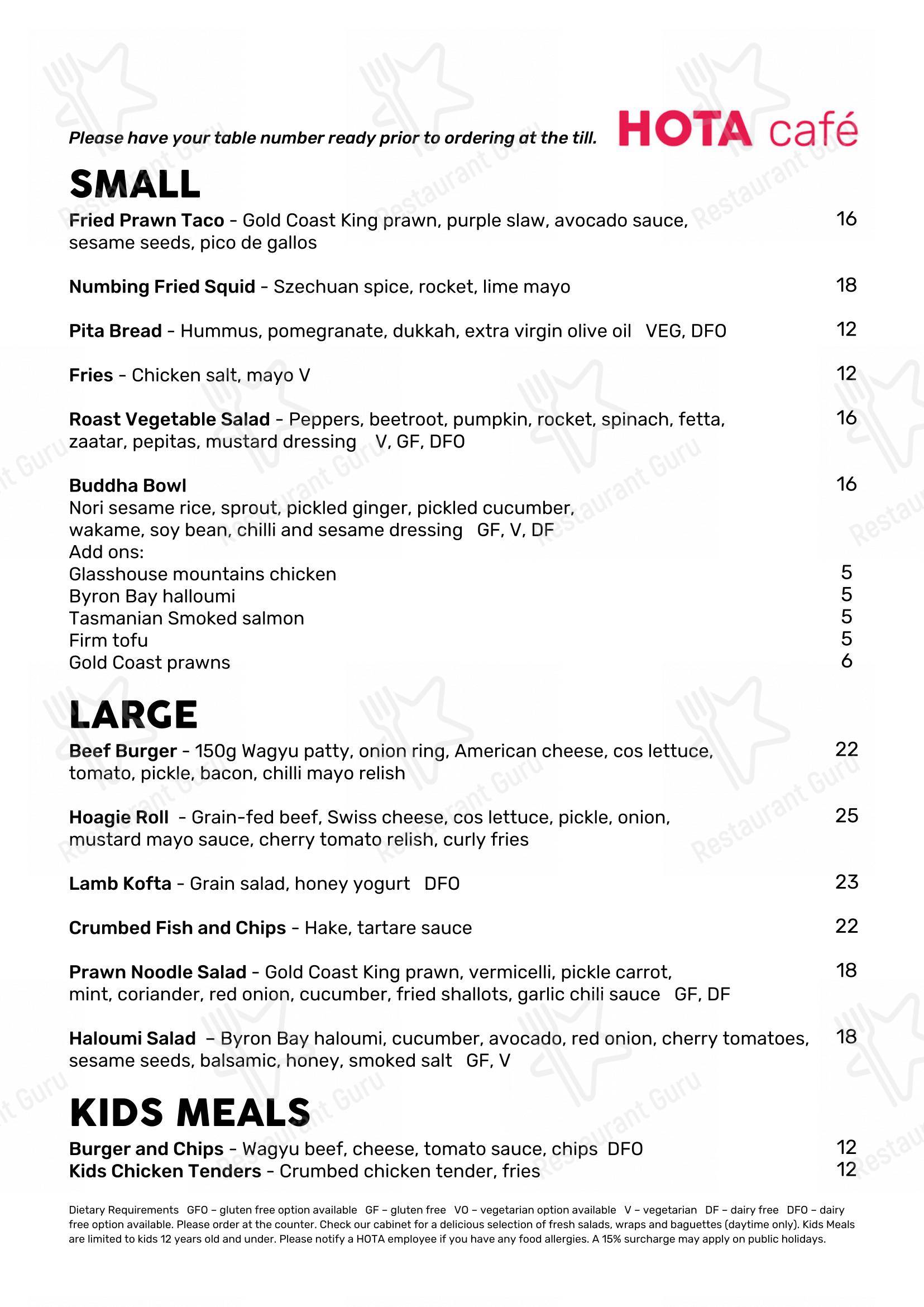 Menu at HOTA Café cafe, Surfers Paradise