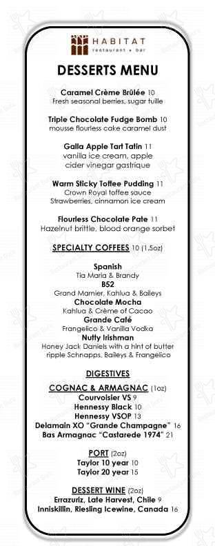 Menu at Habitat Restaurant, Canmore