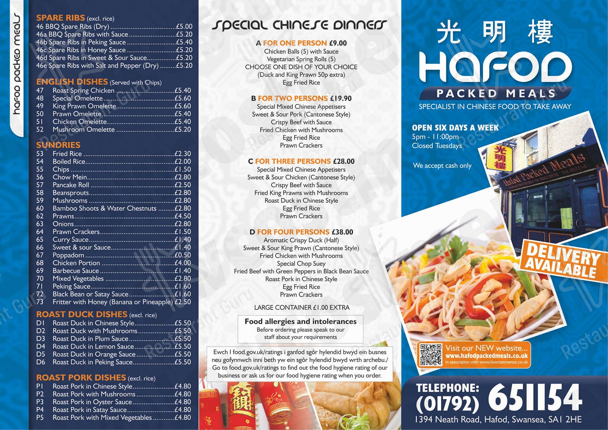 Menu at Hafod Packed Meals fast food, Swansea