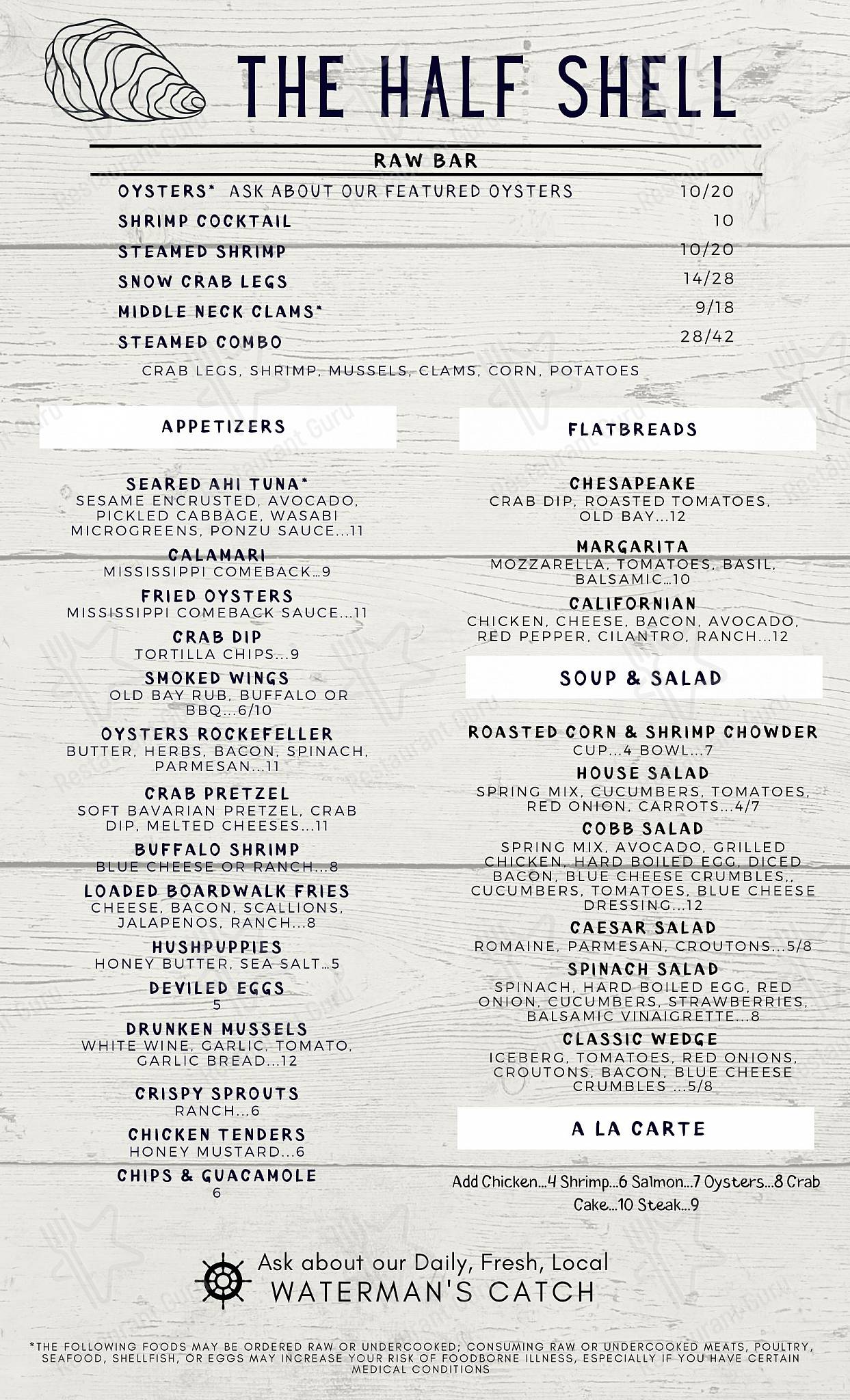 Menu at Half Shell Grill restaurant, Urbanna