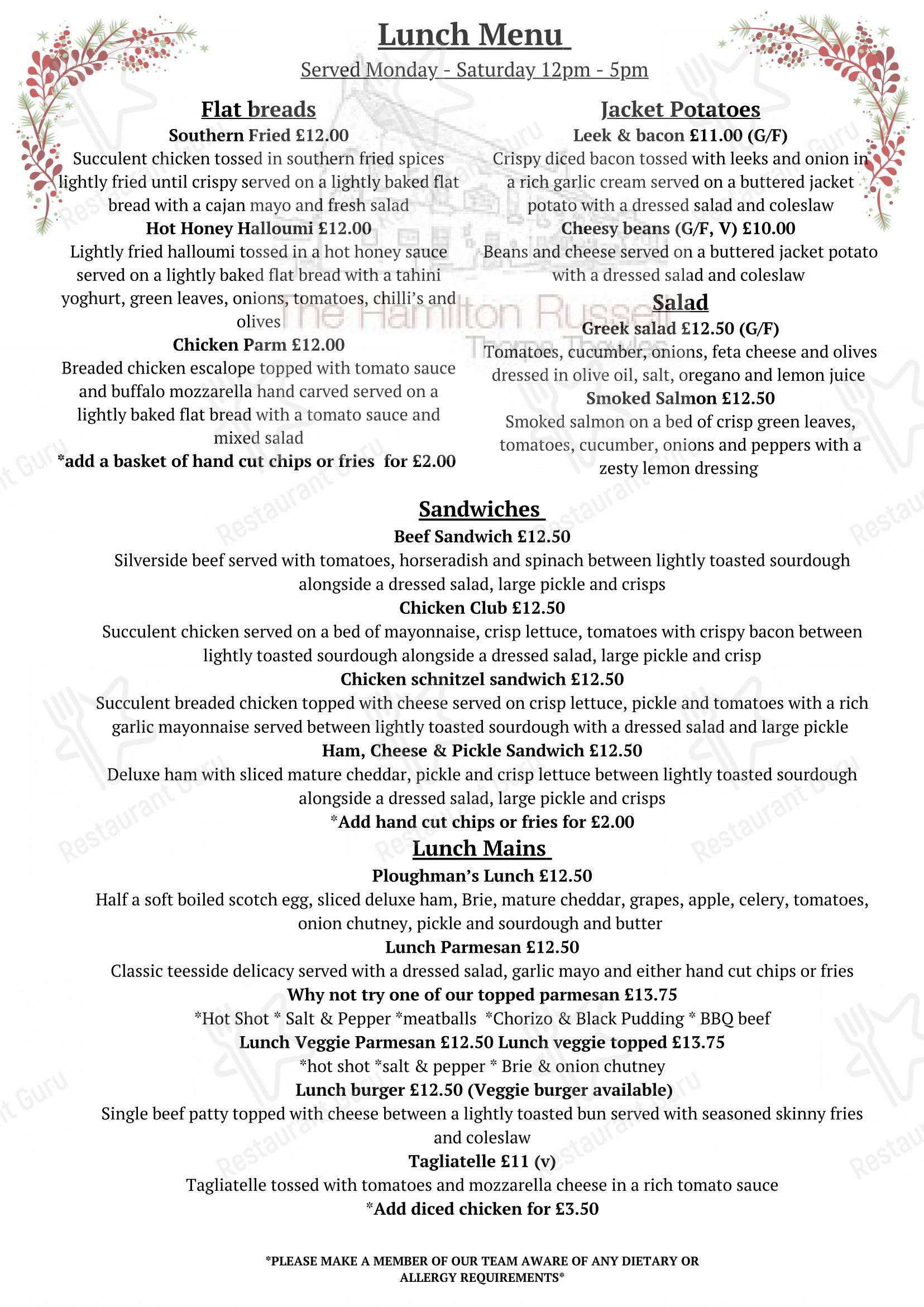 Menu at Hamilton Russell Arms pub & bar, Stockton-on-Tees