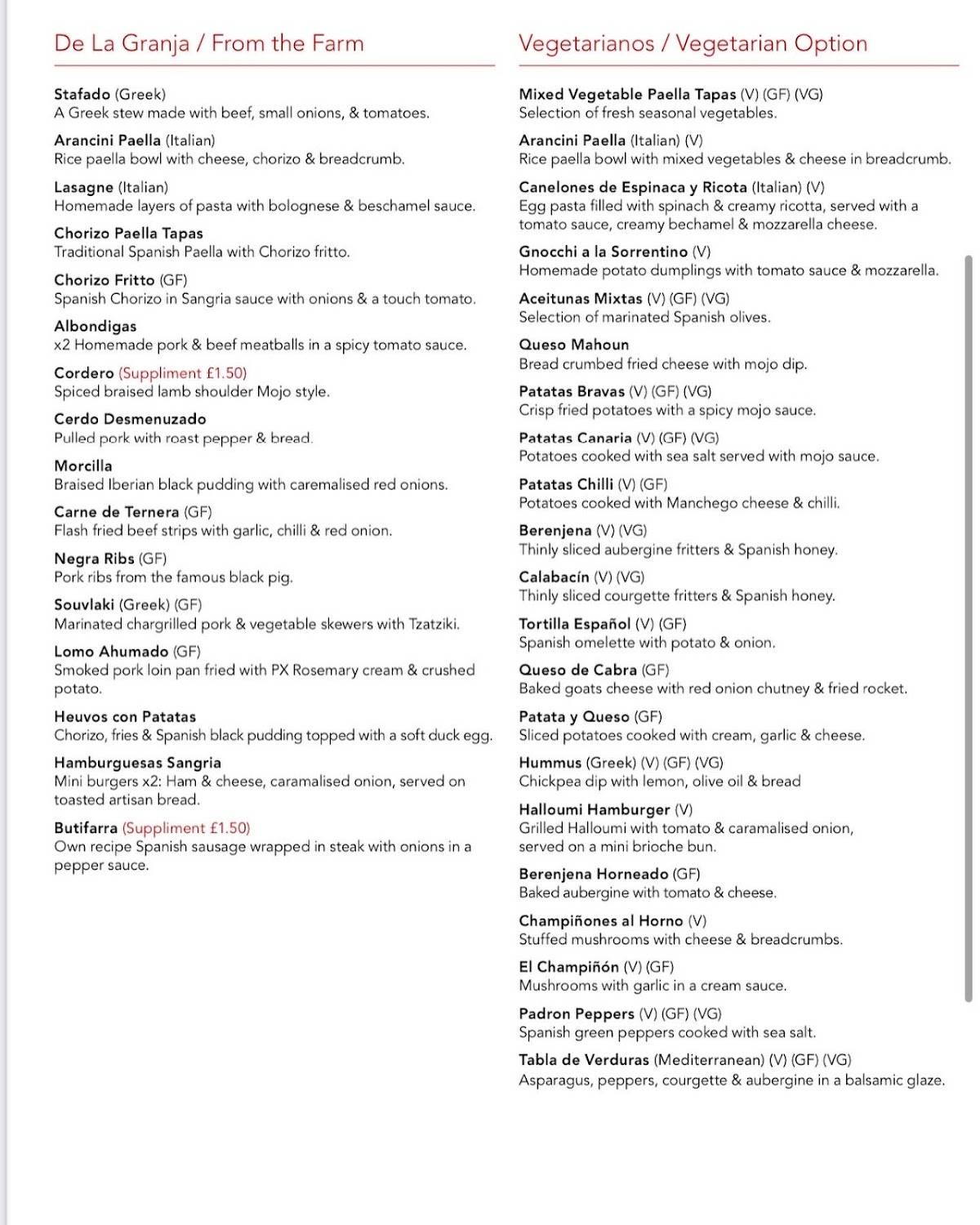 Menu at Sangria 19 restaurant, Hamilton, 19 Gateside St