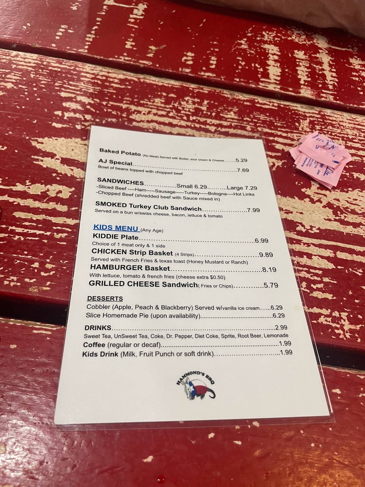 Menu at Hammond's B-B-Q BBQ, Glen Rose