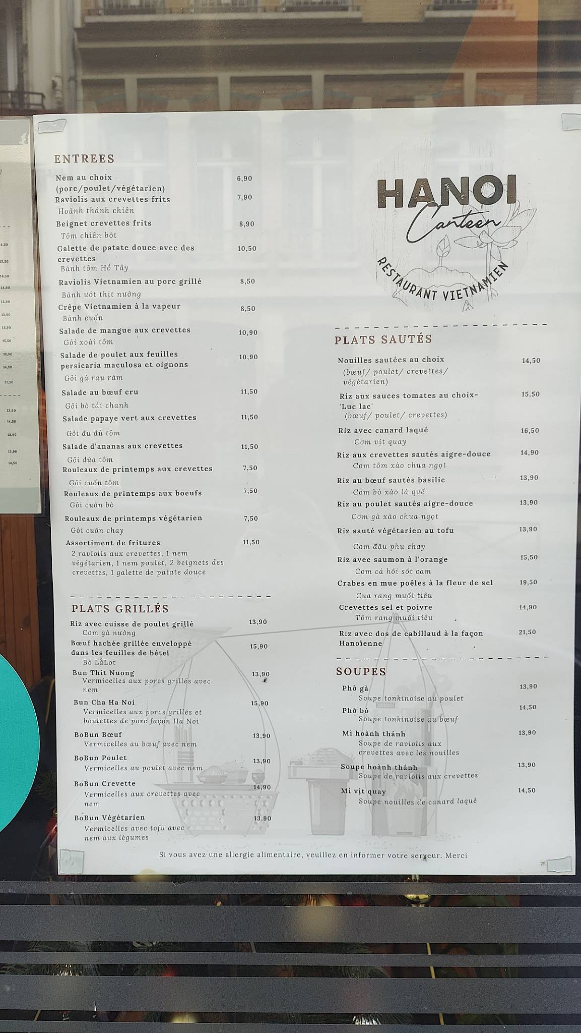 Menu au Hanoi Canteen restaurant, Paris