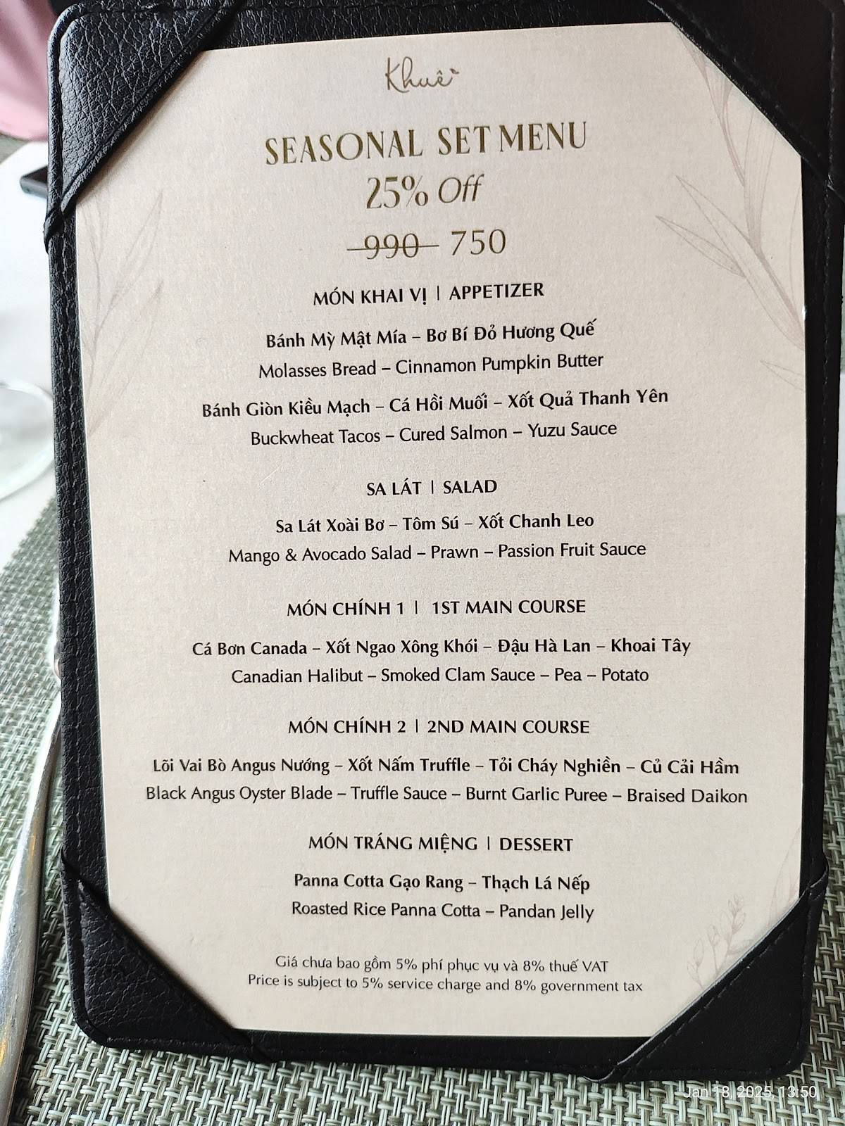 Menu at Khuê Restaurant, Hanoi