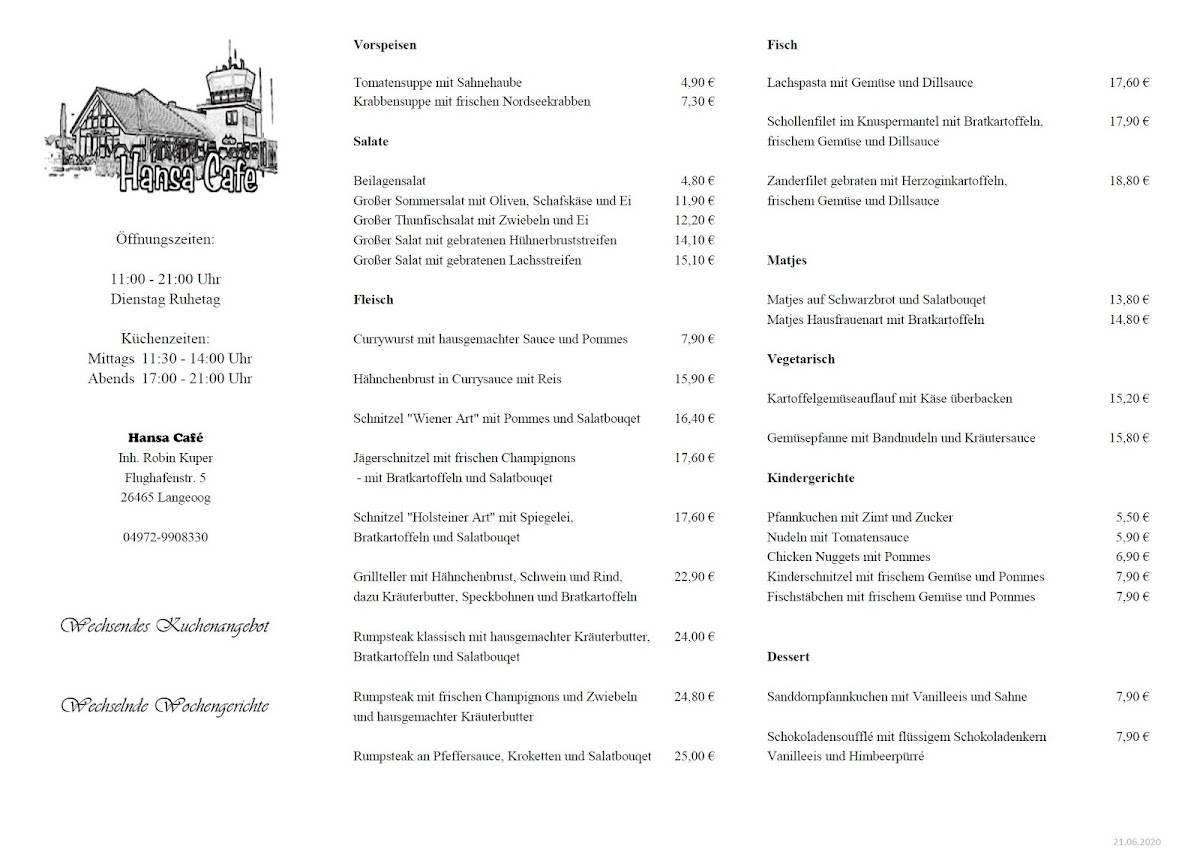 Speisekarte von Hansa Café restaurant, Langeoog, Flughafenstraße 5