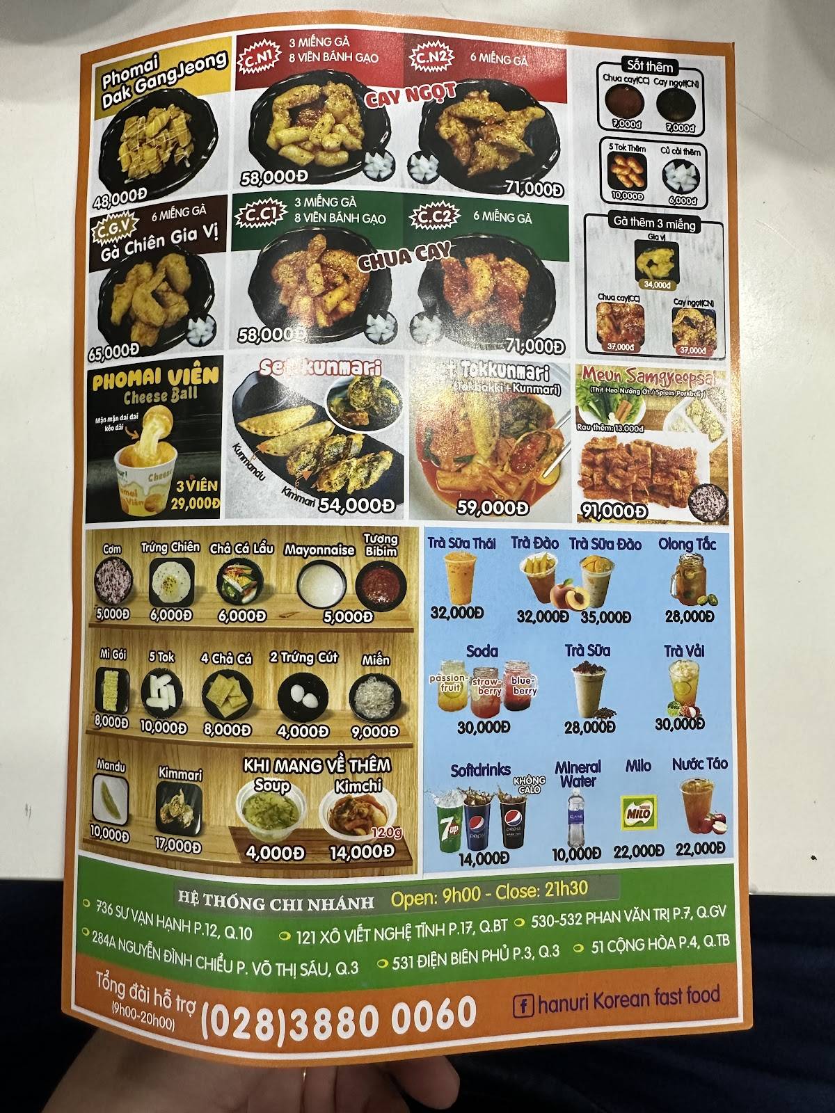 Menu at Hanuri Korean fast food, Ho Chi Minh City, 121 Xô Viết Nghệ Tĩnh