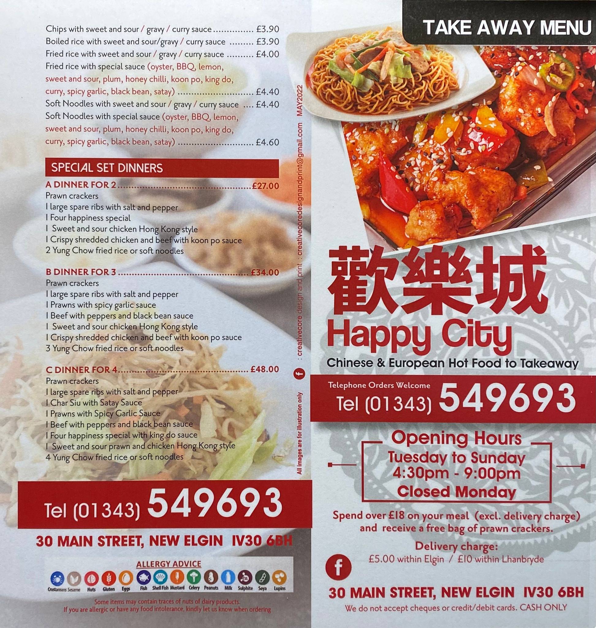 Menu at Happy City fast food, Elgin