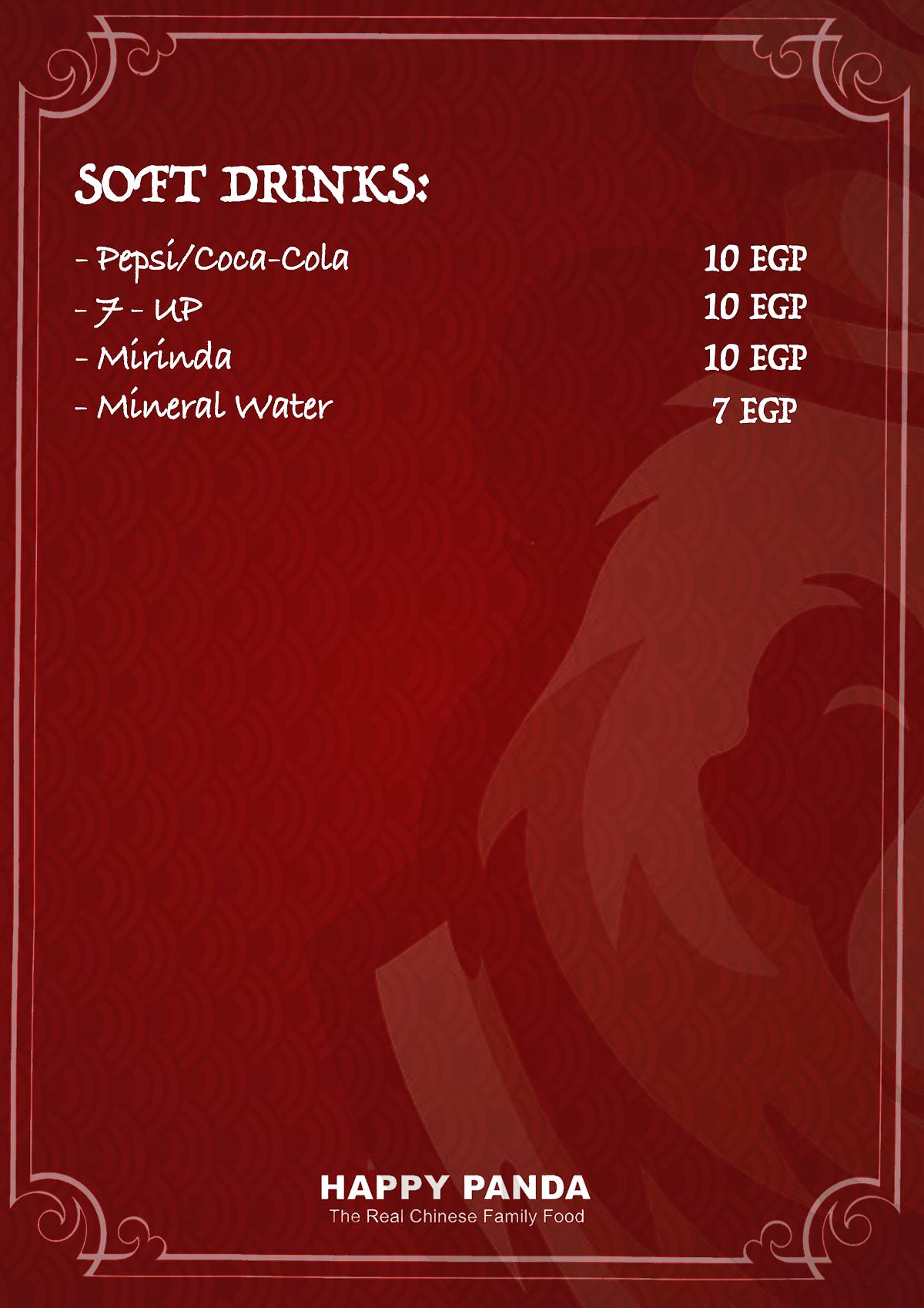 Menu at Happy panda restaurant, Cairo