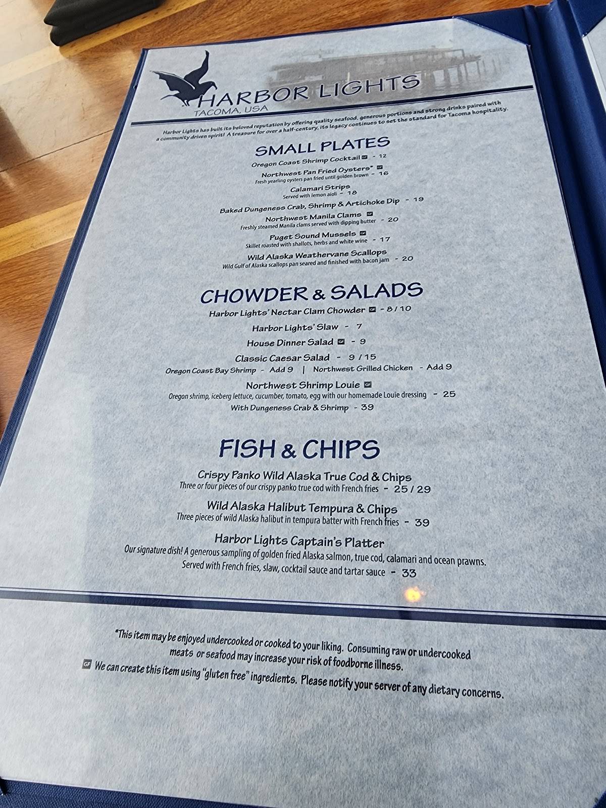 Menu at Harbor Lights restaurant, Tacoma