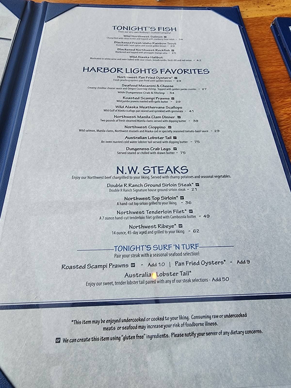 Menu at Harbor Lights restaurant, Tacoma