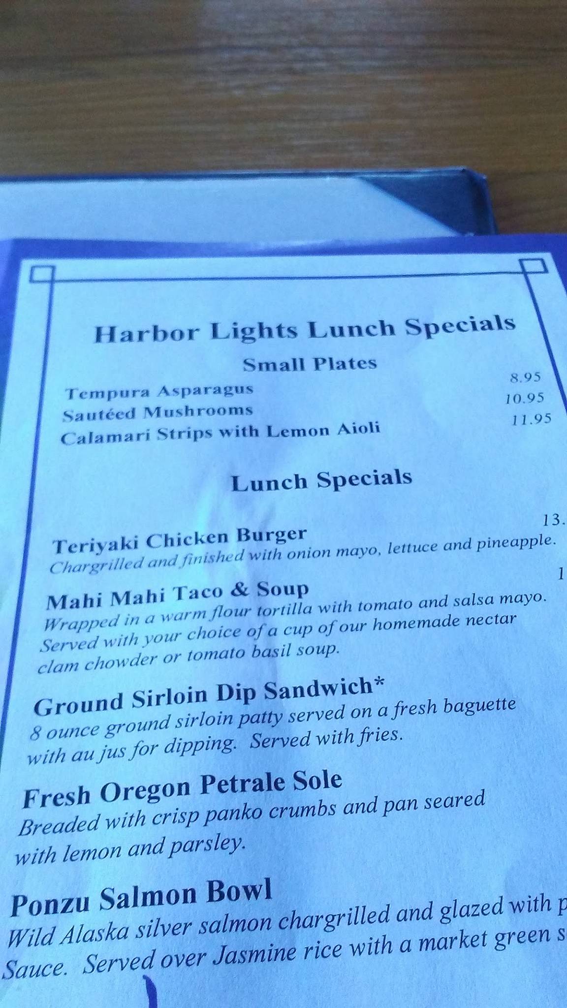 Menu at Harbor Lights restaurant, Tacoma
