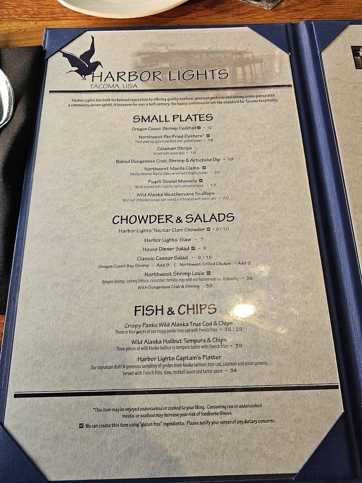 Menu at Harbor Lights restaurant, Tacoma