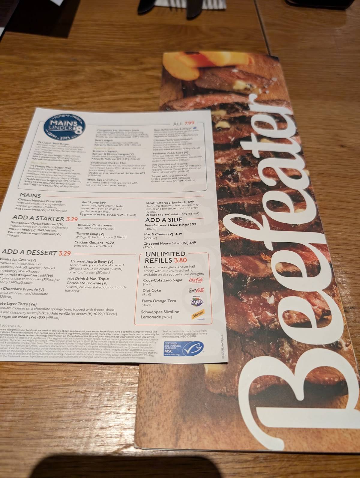 Menu at Harbour Lights Beefeater restaurant, Portsmouth