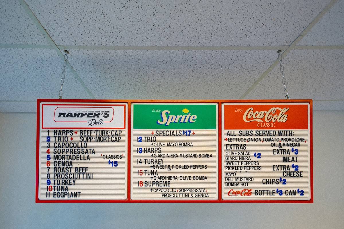 Menu at Harper's Deli restaurant, Waterloo