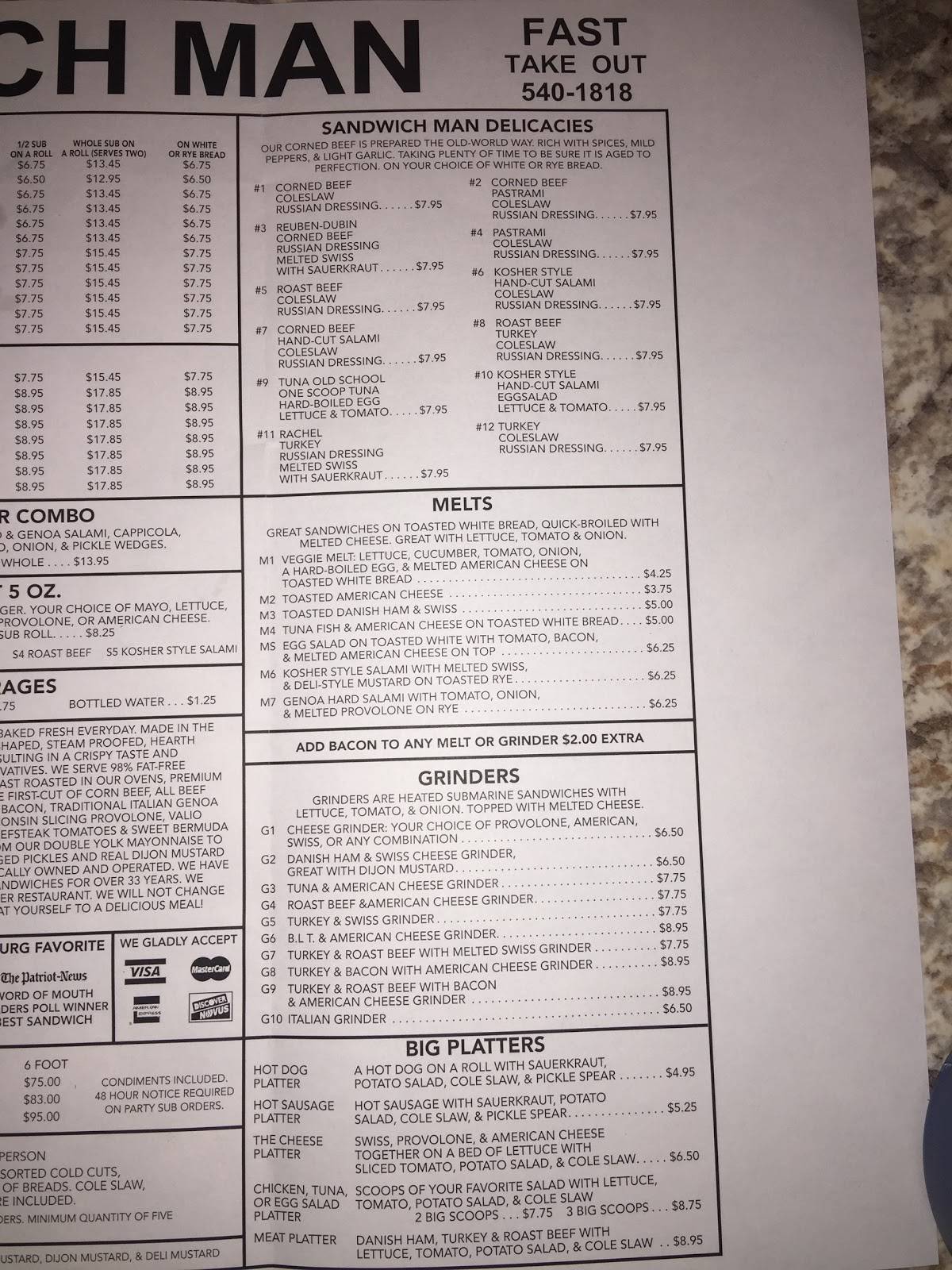 Menu at Sandwich Man restaurant, Paxtonia, Allentown Blvd