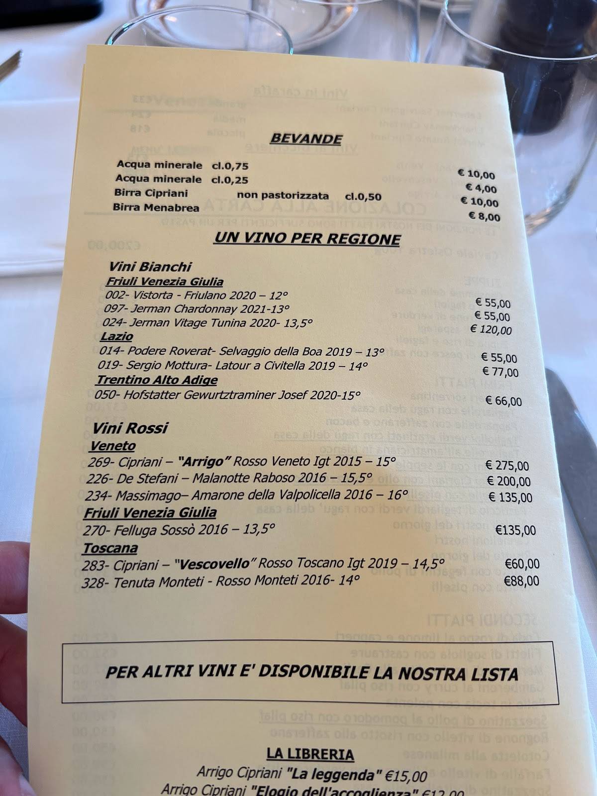 Menu at Harry's Bar, Venice, Calle Vallaresso