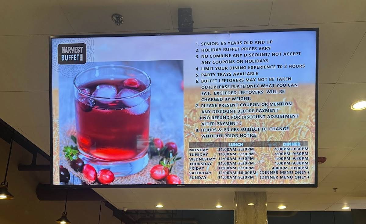 Menu at Harvest Buffet restaurant, Tacoma