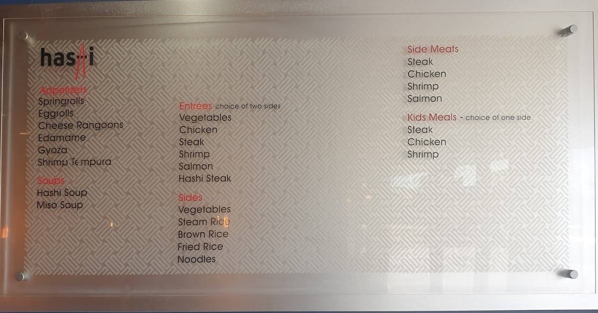 Menu at Hashi Teppan Grill restaurant, Abilene, Rebecca Ln