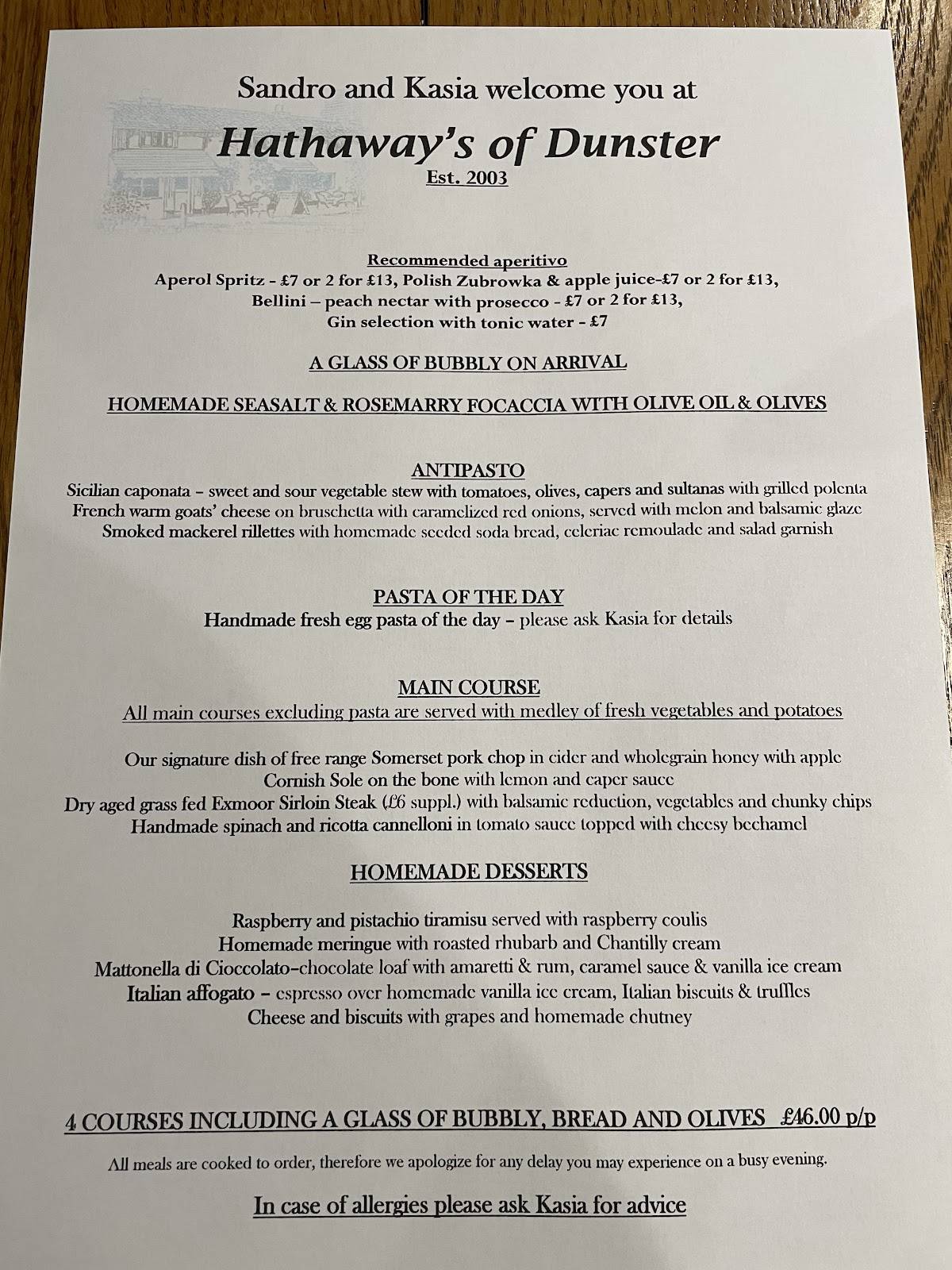 Menu at Hathaways pub & bar, Minehead