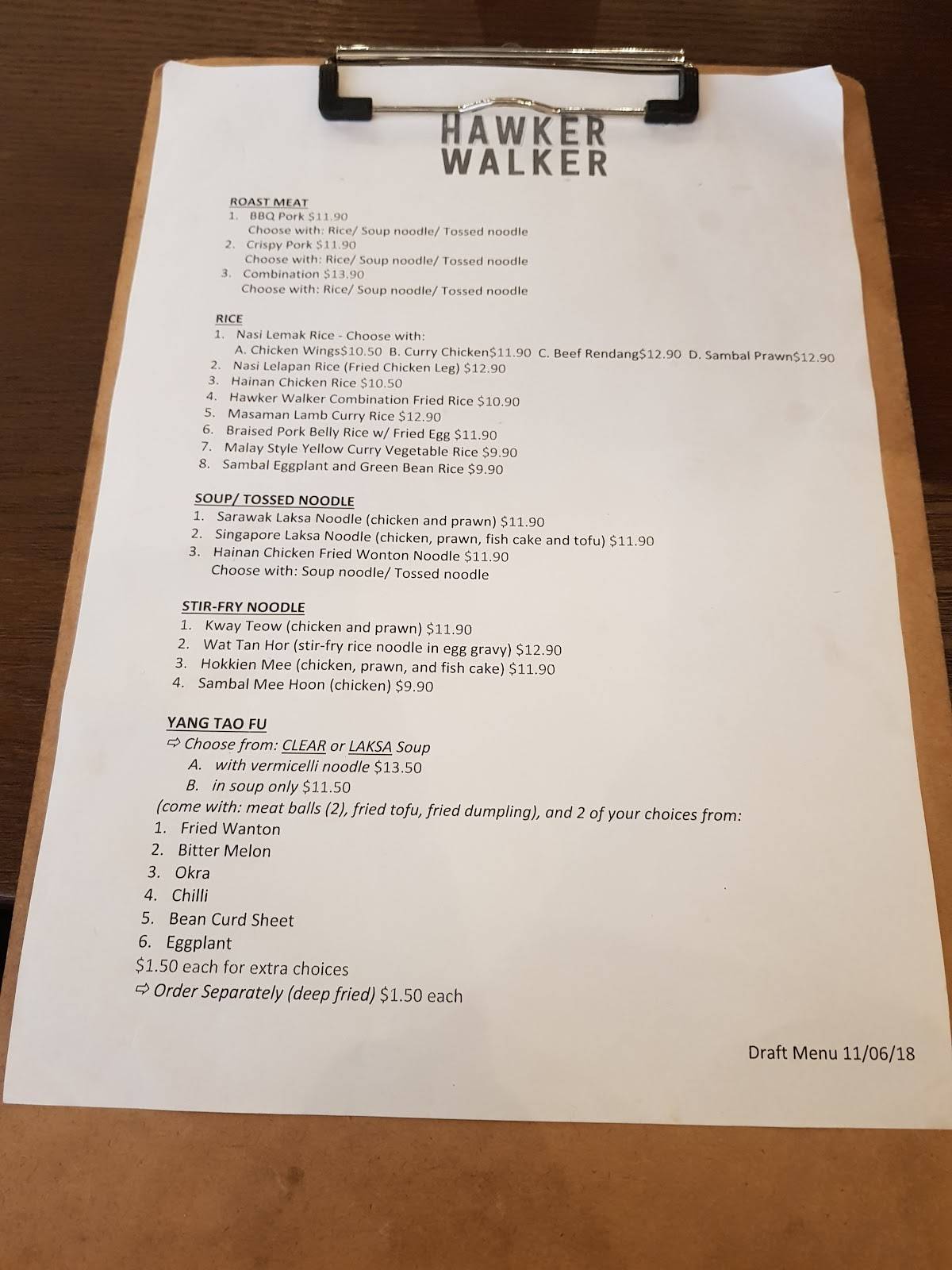 Menu at Hawker Walker restaurant, Adelaide