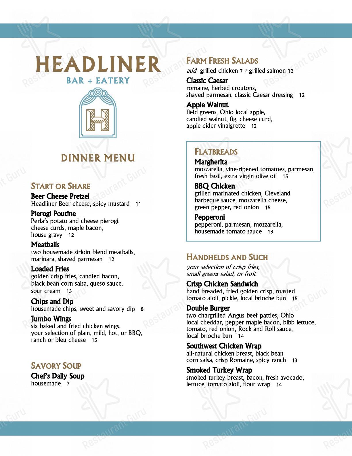 Menu at Headliner Bar + Eatery, Cleveland