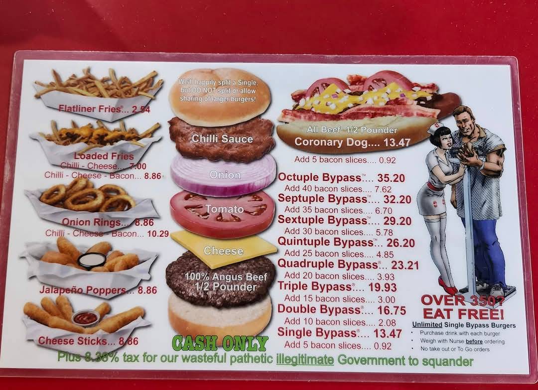 Menu at Heart Attack Grill restaurant, Las Vegas, 450 Fremont St #130