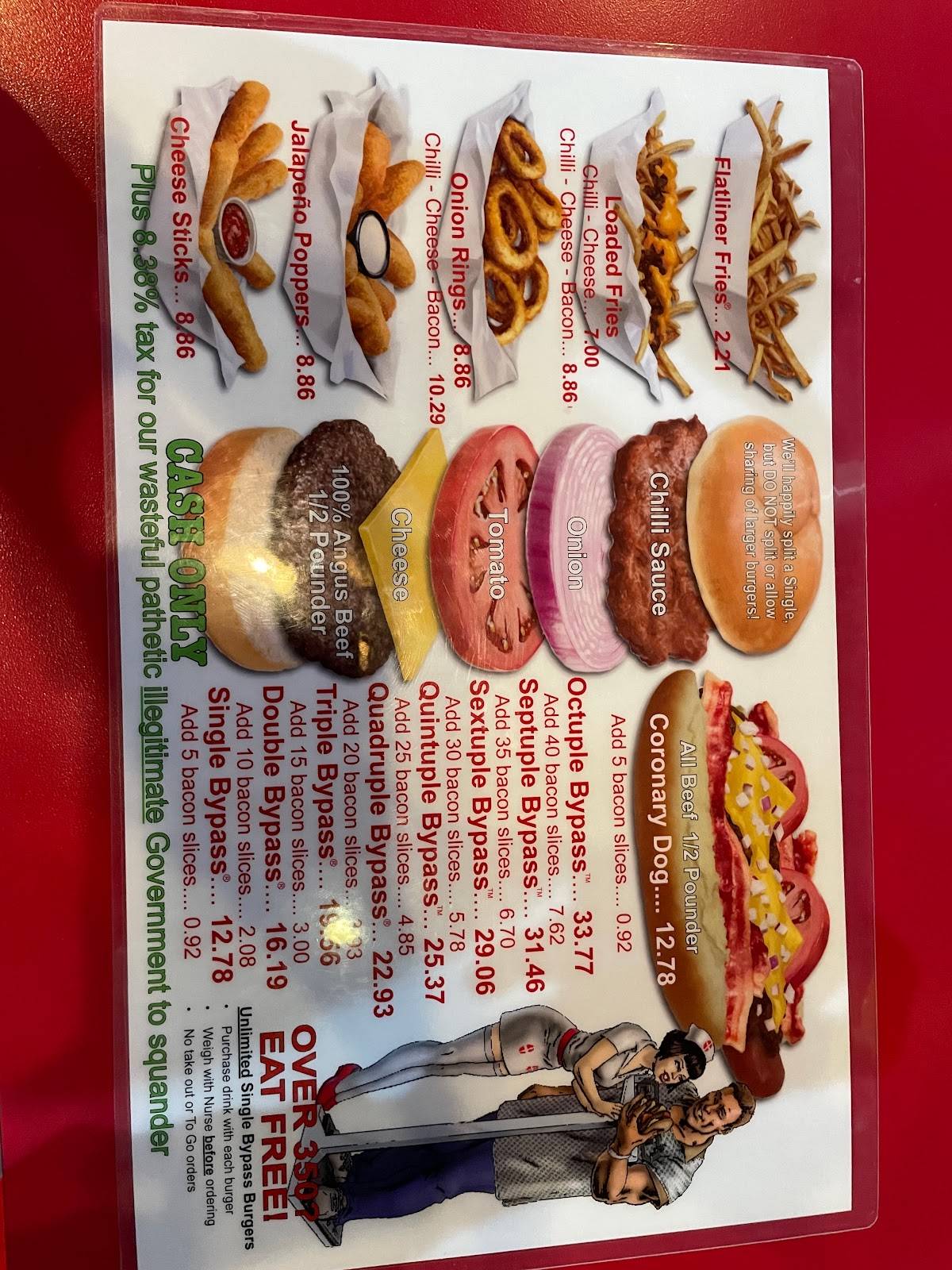 Menu at Heart Attack Grill restaurant, Las Vegas, 450 Fremont St #130