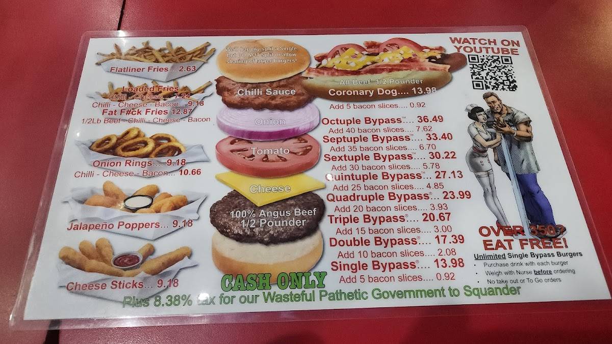 Menu at Heart Attack Grill restaurant, Las Vegas, 450 Fremont St #130