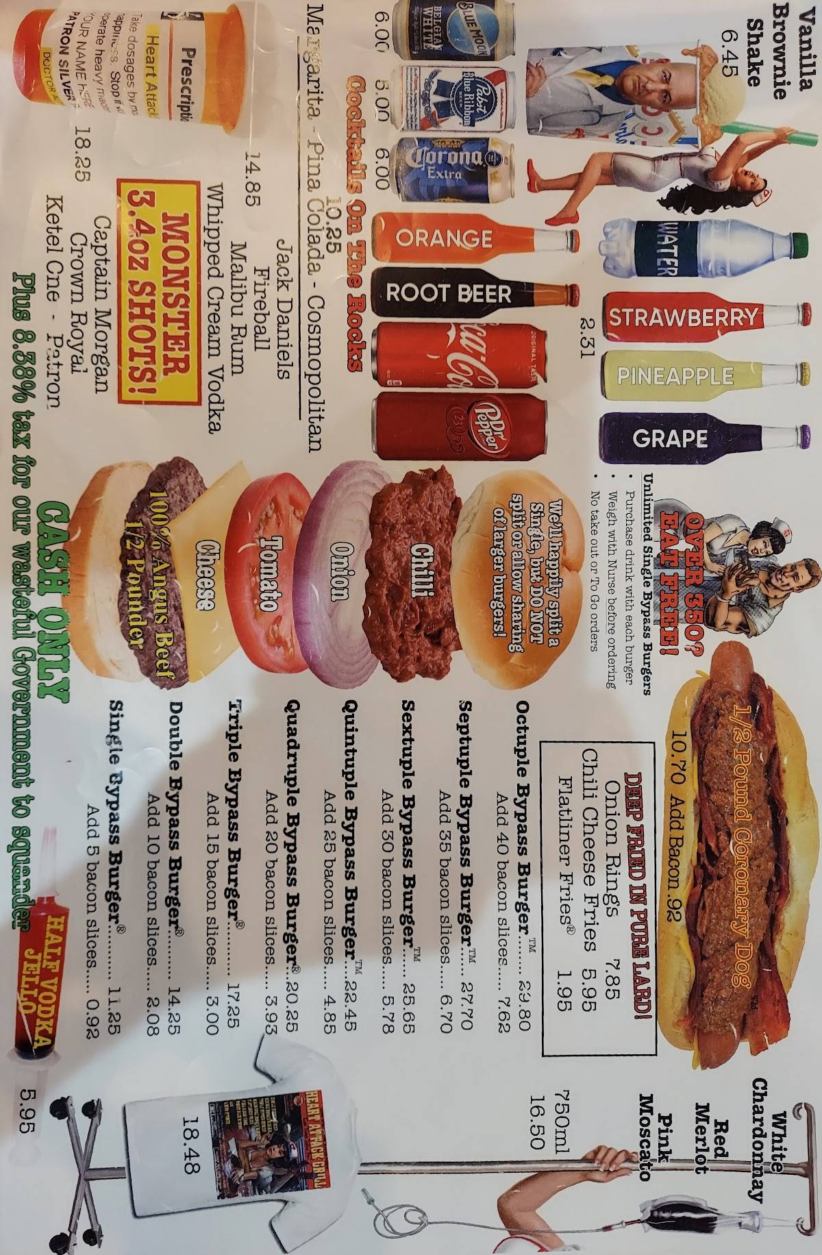 Menu at Heart Attack Grill restaurant, Las Vegas, 450 Fremont St #130