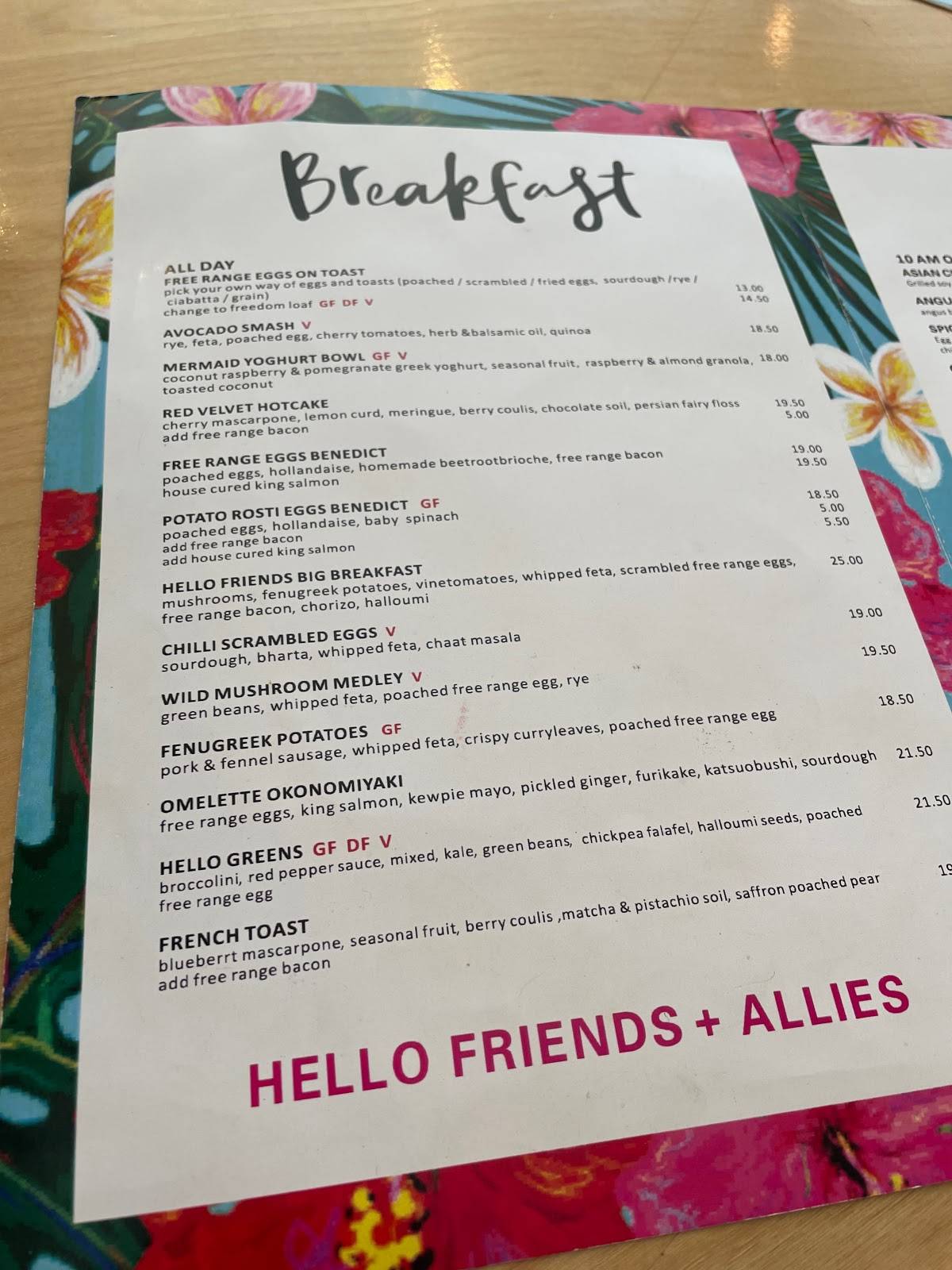 Menu at Hello Friends + Allies cafe, Auckland