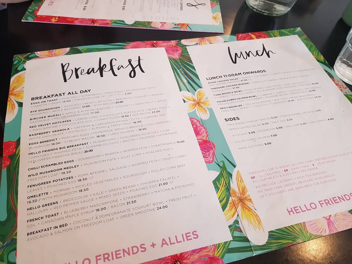 Menu at Hello Friends + Allies cafe, Auckland