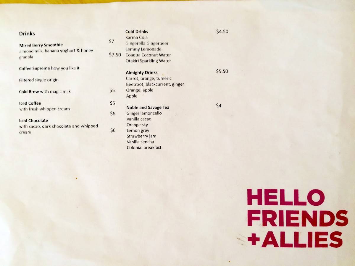 Menu at Hello Friends + Allies cafe, Auckland
