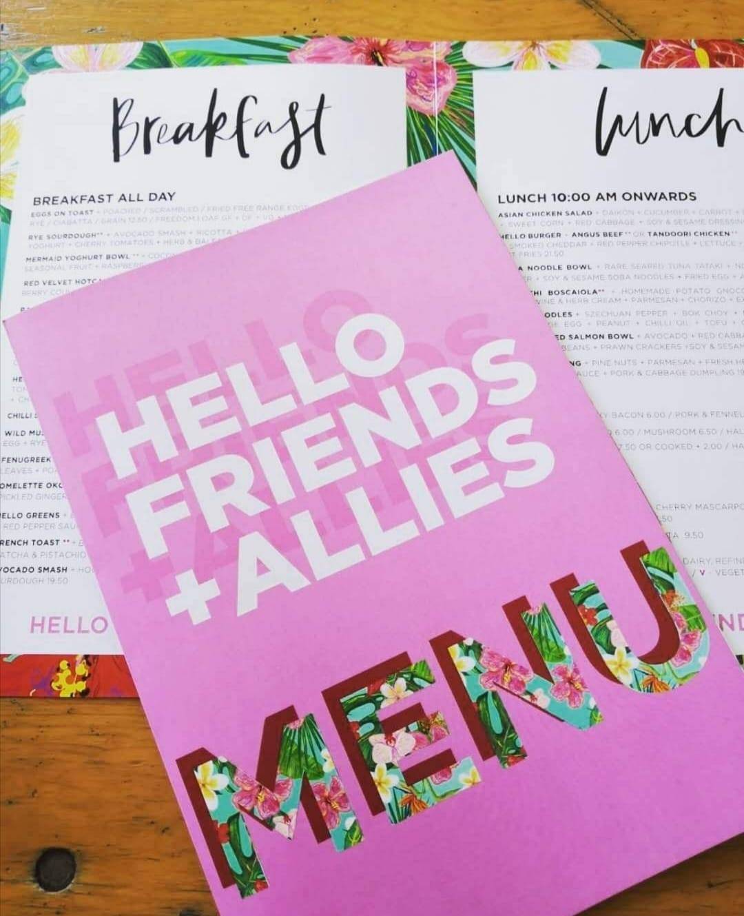 Menu at Hello Friends + Allies cafe, Auckland