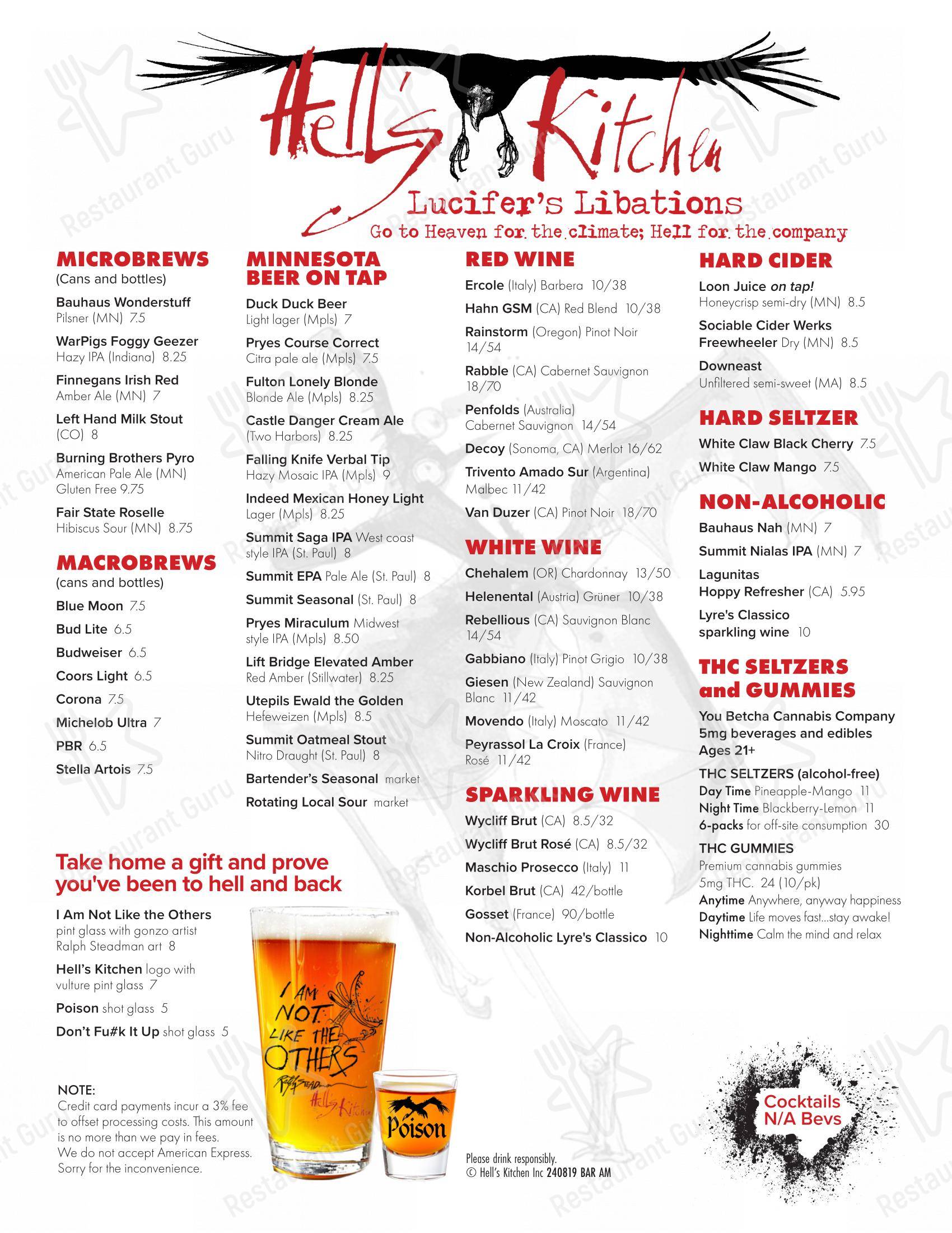Menu at Hell's Kitchen Inc. restaurant, Minneapolis, 80 S 9th St