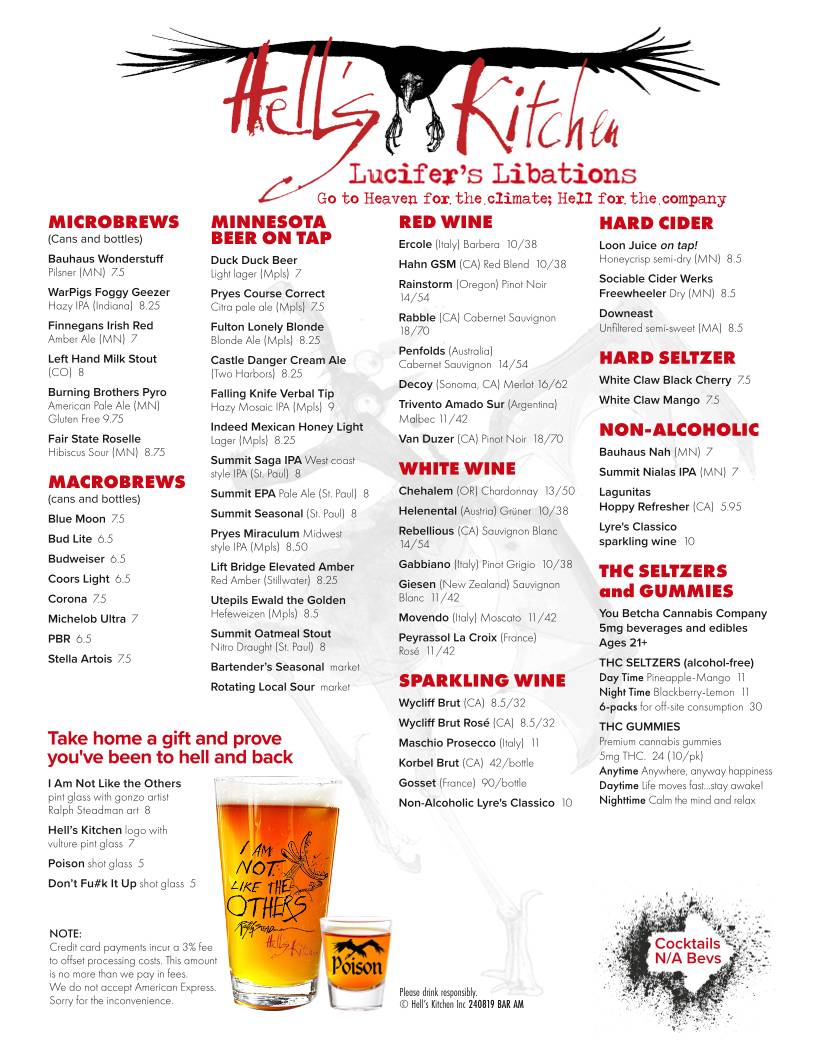 Menu at Hell's Kitchen Inc. restaurant, Minneapolis, 80 S 9th St