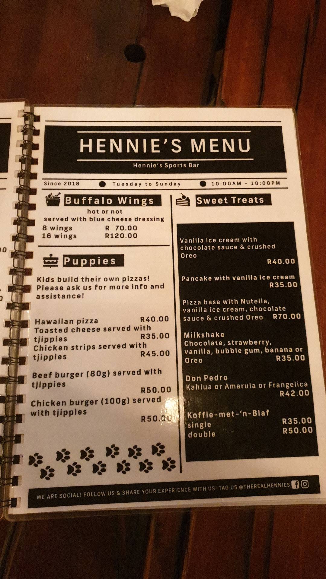 Menu at Hennie's Moreleta Restaurant, Pretoria