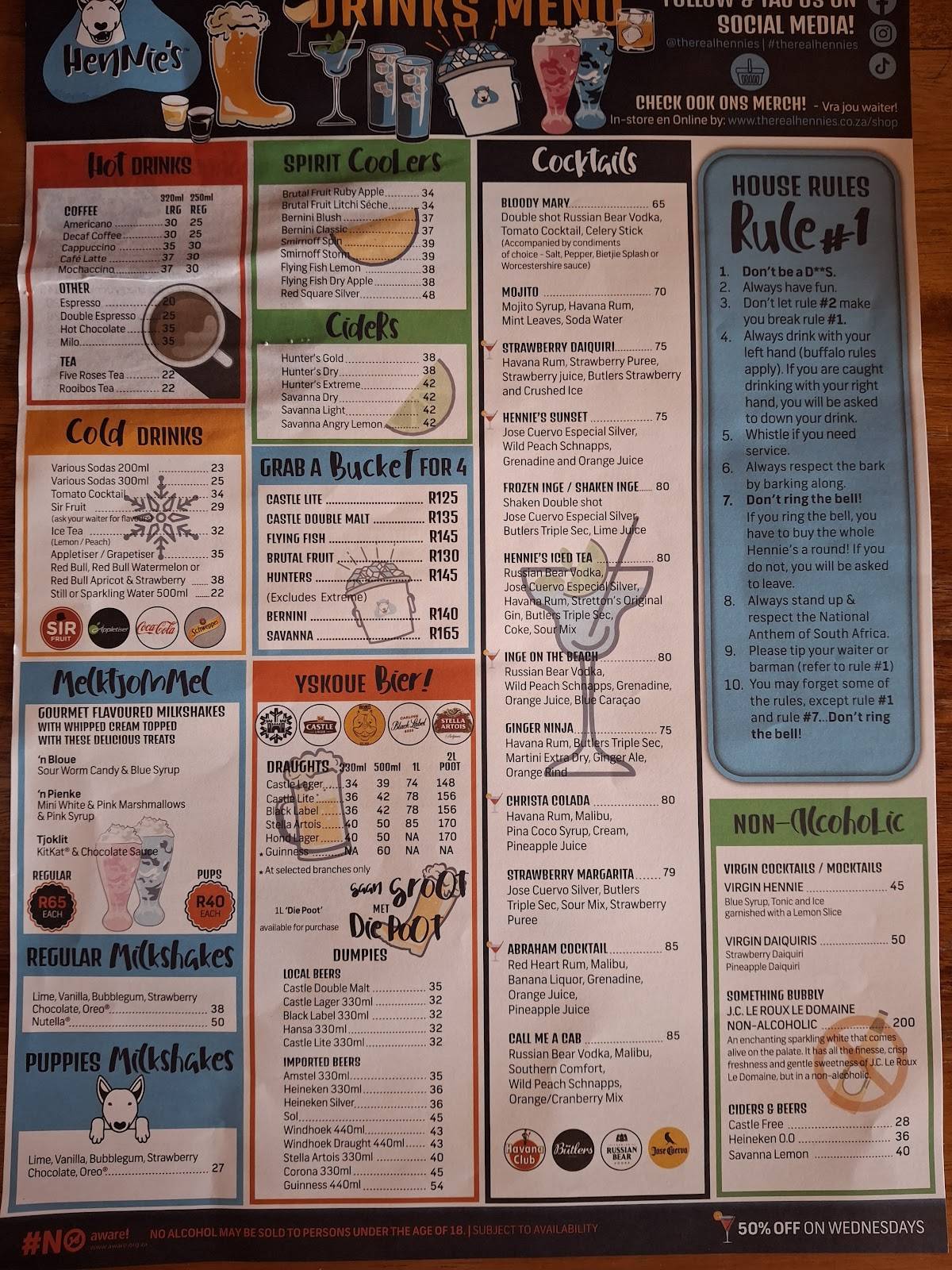 Menu at Hennie's Moreleta Restaurant, Pretoria